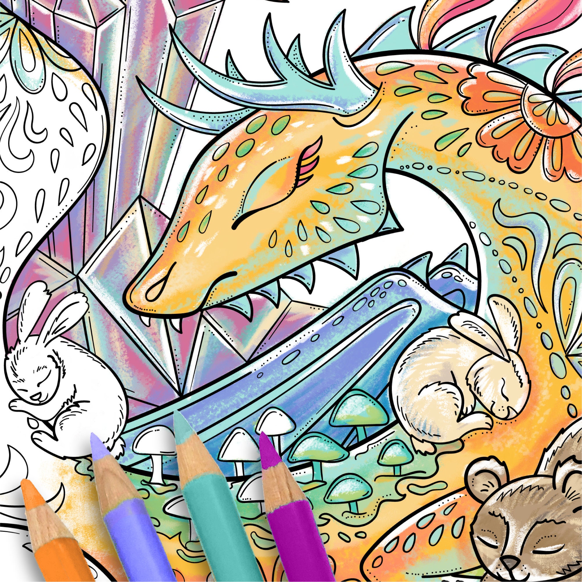 Magical Dragon Coloring Page With Cute Animals in a Fantasy Forest ...