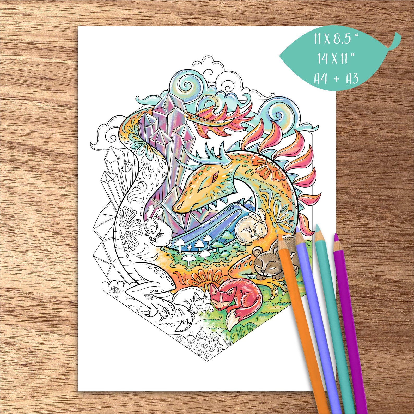 Magical Dragon Coloring Page With Cute Animals in a Fantasy Forest ...
