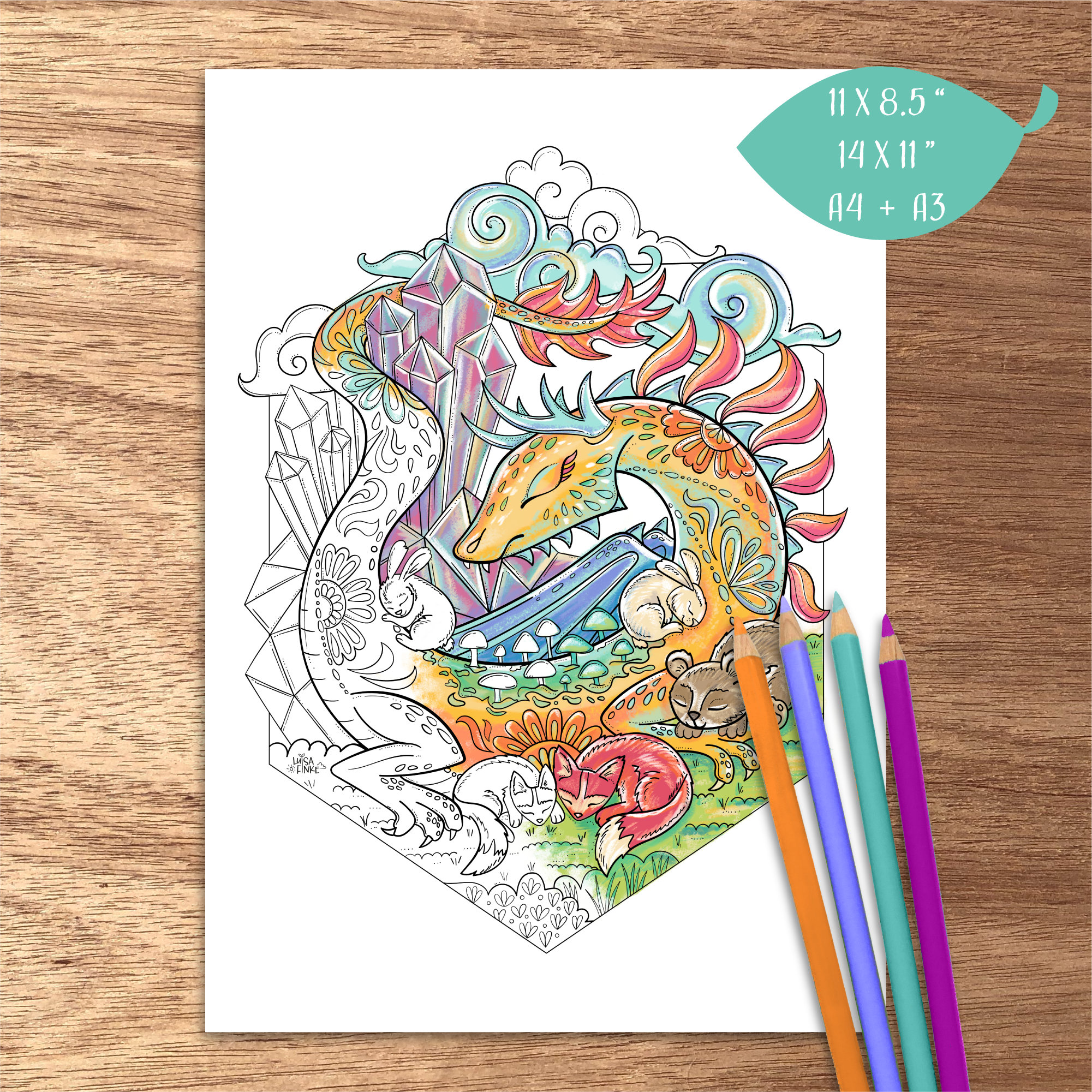 Magical Dragon Coloring Page With Cute Animals in a Fantasy Forest ...
