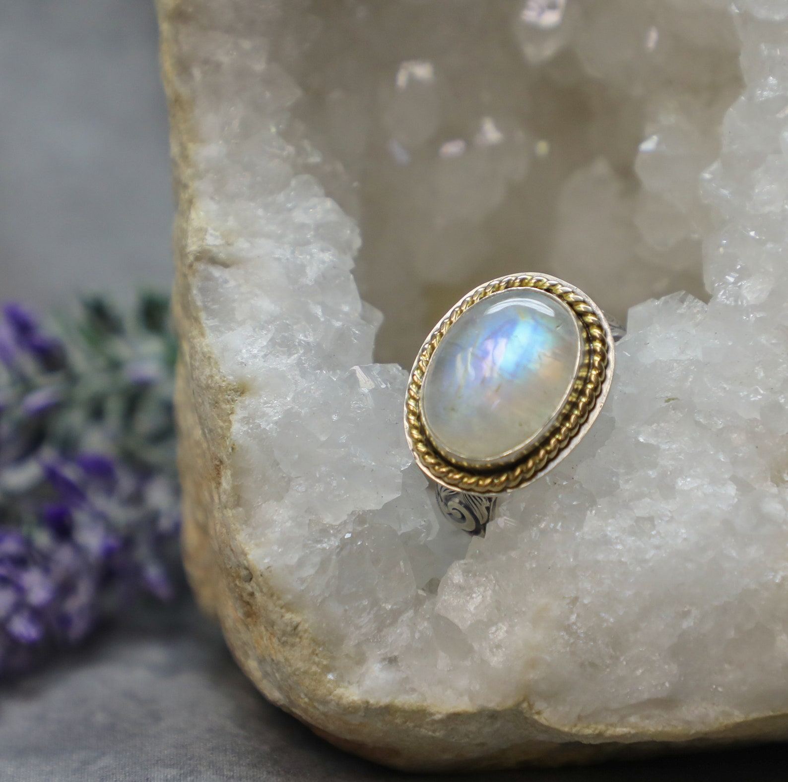 Rainbow Moonstone Sterling Silver and 14K Gold Ring | Etsy