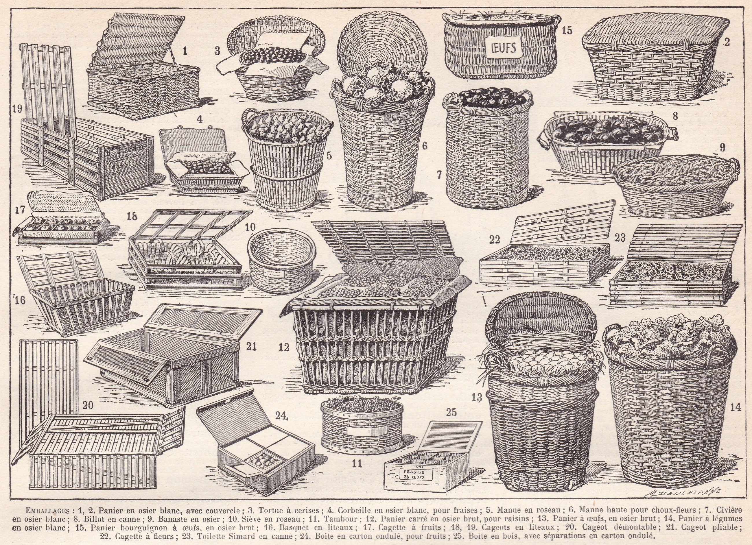 Vintage Original French Types of Basket Wicker Fruit Willow Lithograph ...