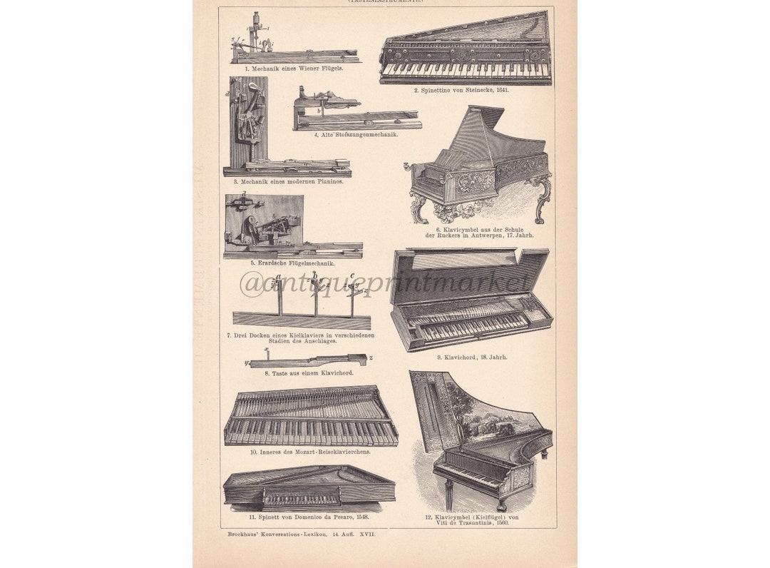 Antique 1892 Pianos Musical German Lithograph Print Educational Book ...
