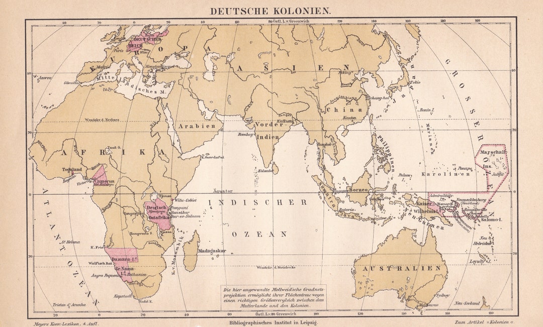 Antique 1887 Map of the World Gemran Colonies German Chromolithograph ...