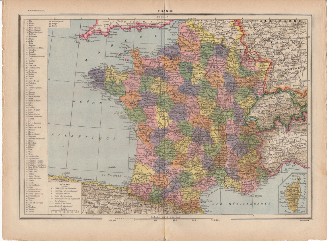 Vintage Map of France Original 1939 French Lithograph From LAROUSSE ...