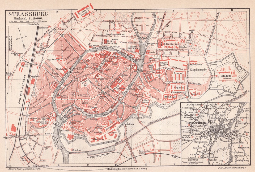 Antique 1887 Map of Strassburg France Alsace German Chromolithograph ...