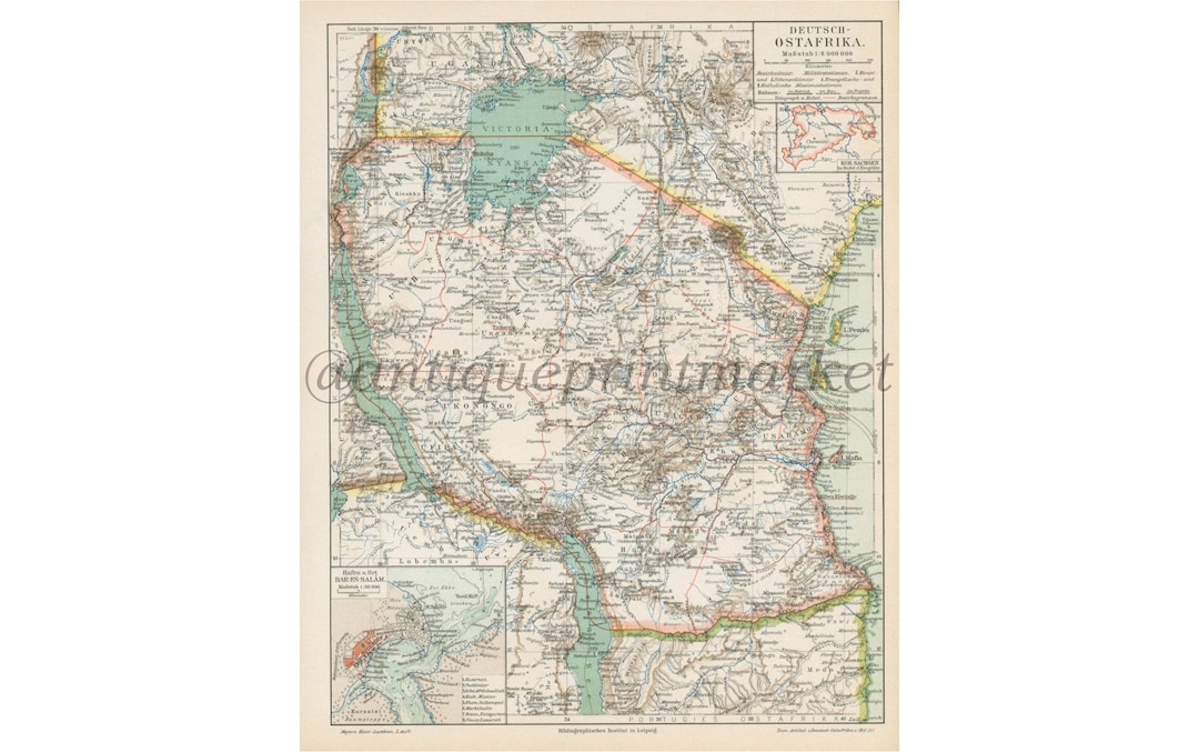 Antique 1892 Map of Deutch Ostafrika Colony Africa German Print ...