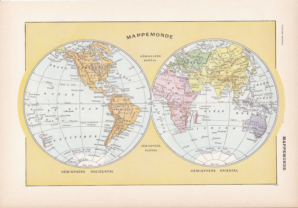 Original French Map of the World Lithograph From LAROUSSE - Etsy