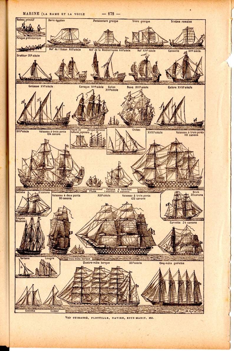 Original French Marine Ships Ocean Sea Navy Lithograph From LAROUSSE ...
