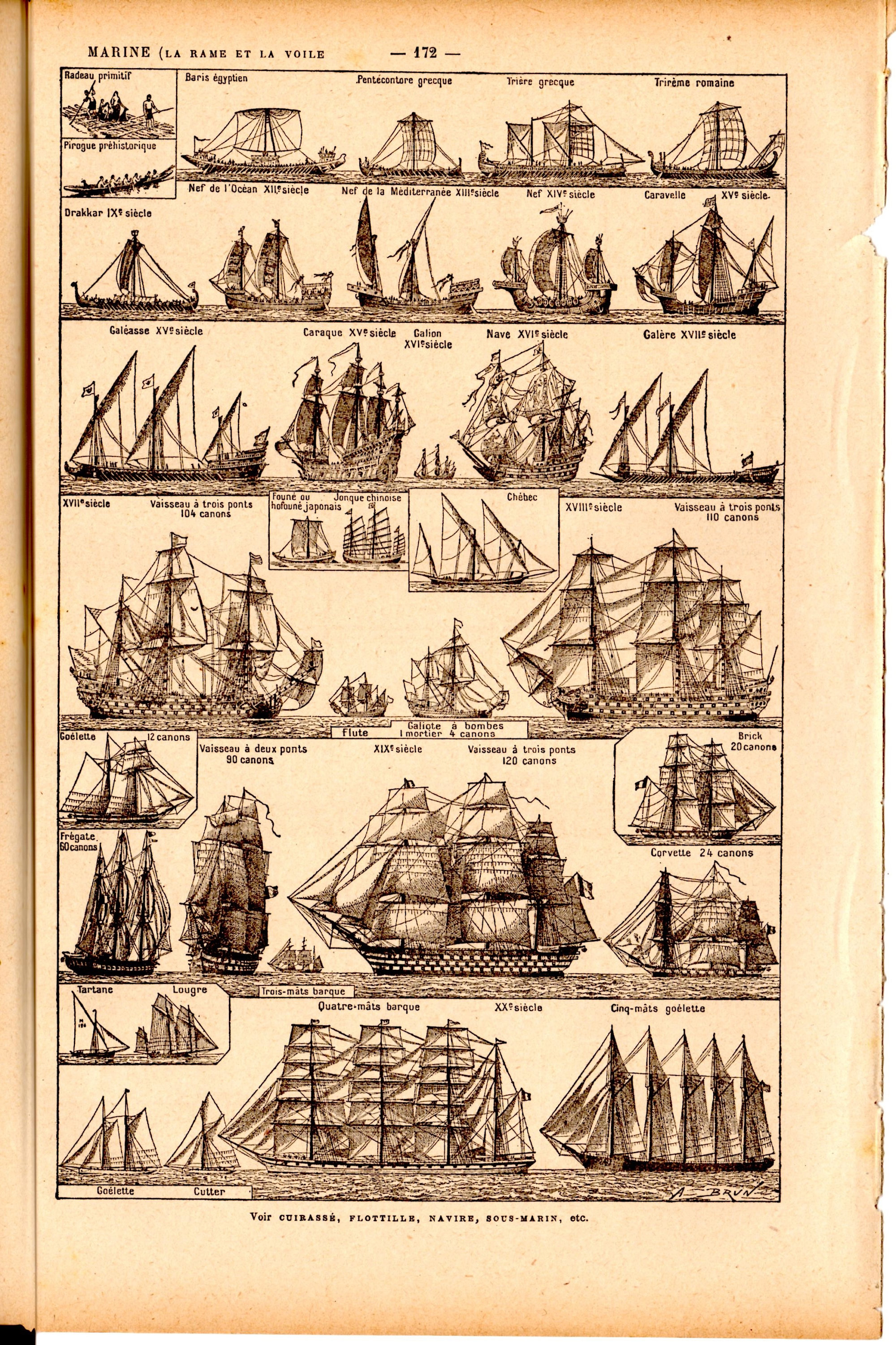 Original French Marine Ships Ocean Sea Navy Lithograph From LAROUSSE ...