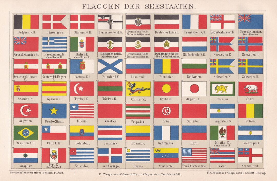 Antique 1892 Flags of the World Nations German Chromolithograph ...
