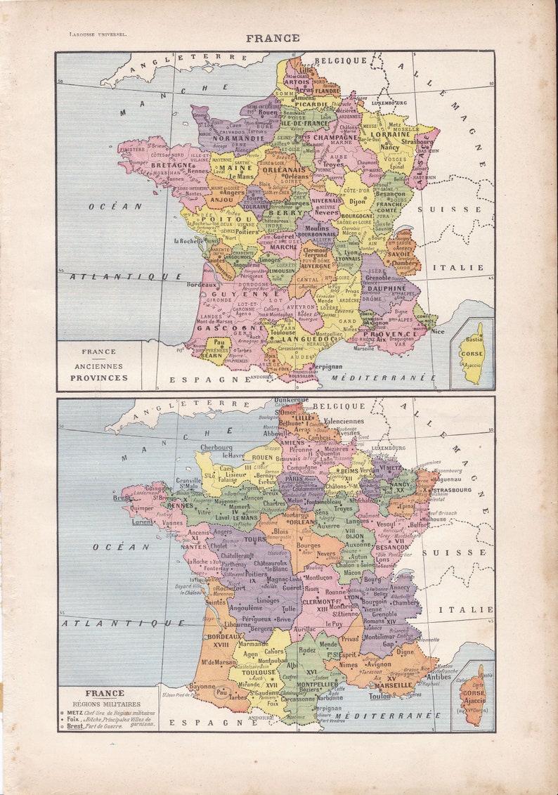Vintage Map of France Regions and Military Centres Original 1939 French ...