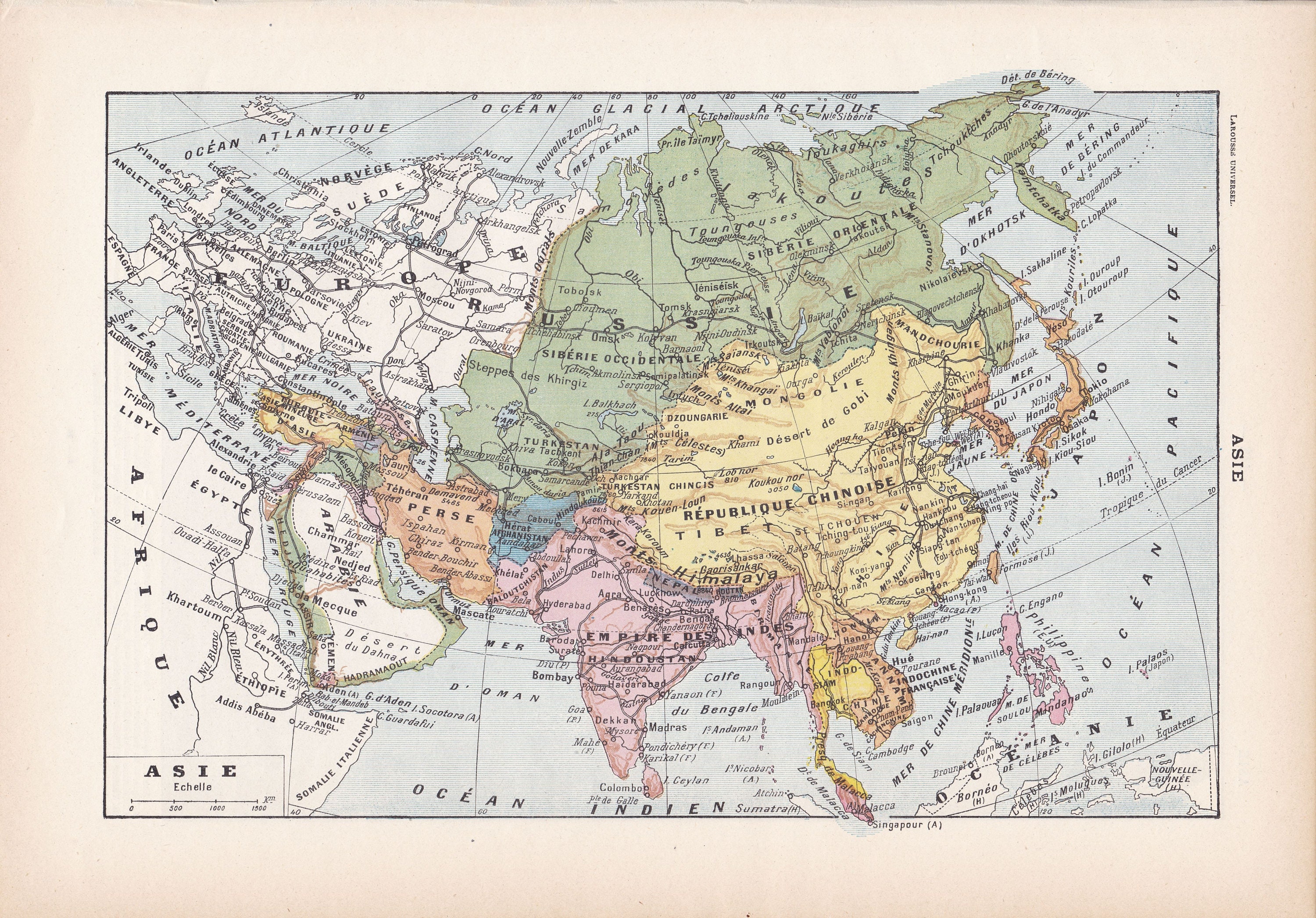 Vintage Map of Asia Original 1922 French Lithograph From LAROUSSE ...