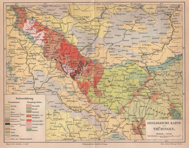Antique 1900s Map of Thuringia Free State of Thuringia German ...