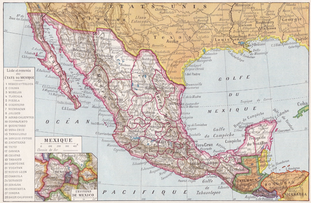 Vintage Map of Mexico Original 1939 French Lithograph From LAROUSSE ...