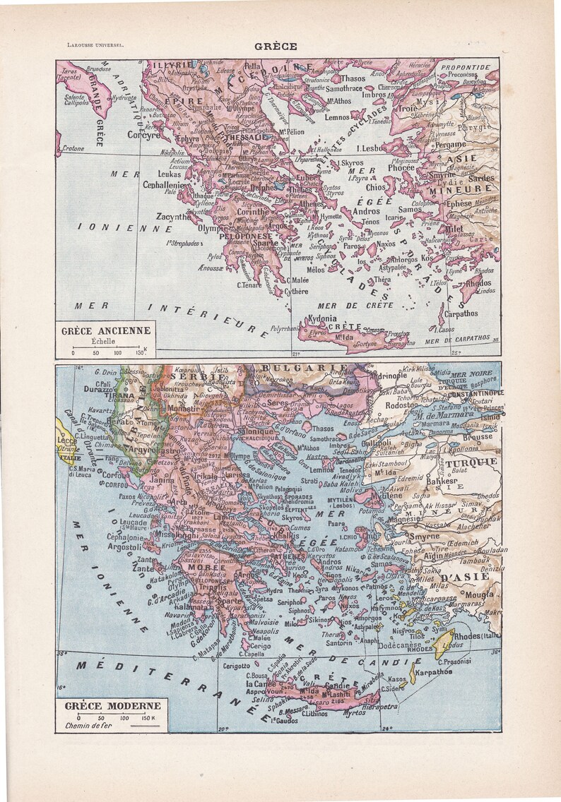 Vintage Map of Greece Ancient and Modern Original 1922 French ...