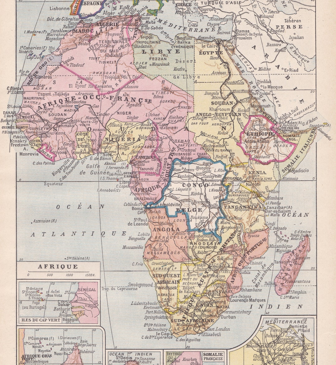 Original French Lithograph Map of Africa From LAROUSSE Nouveau Larousse ...