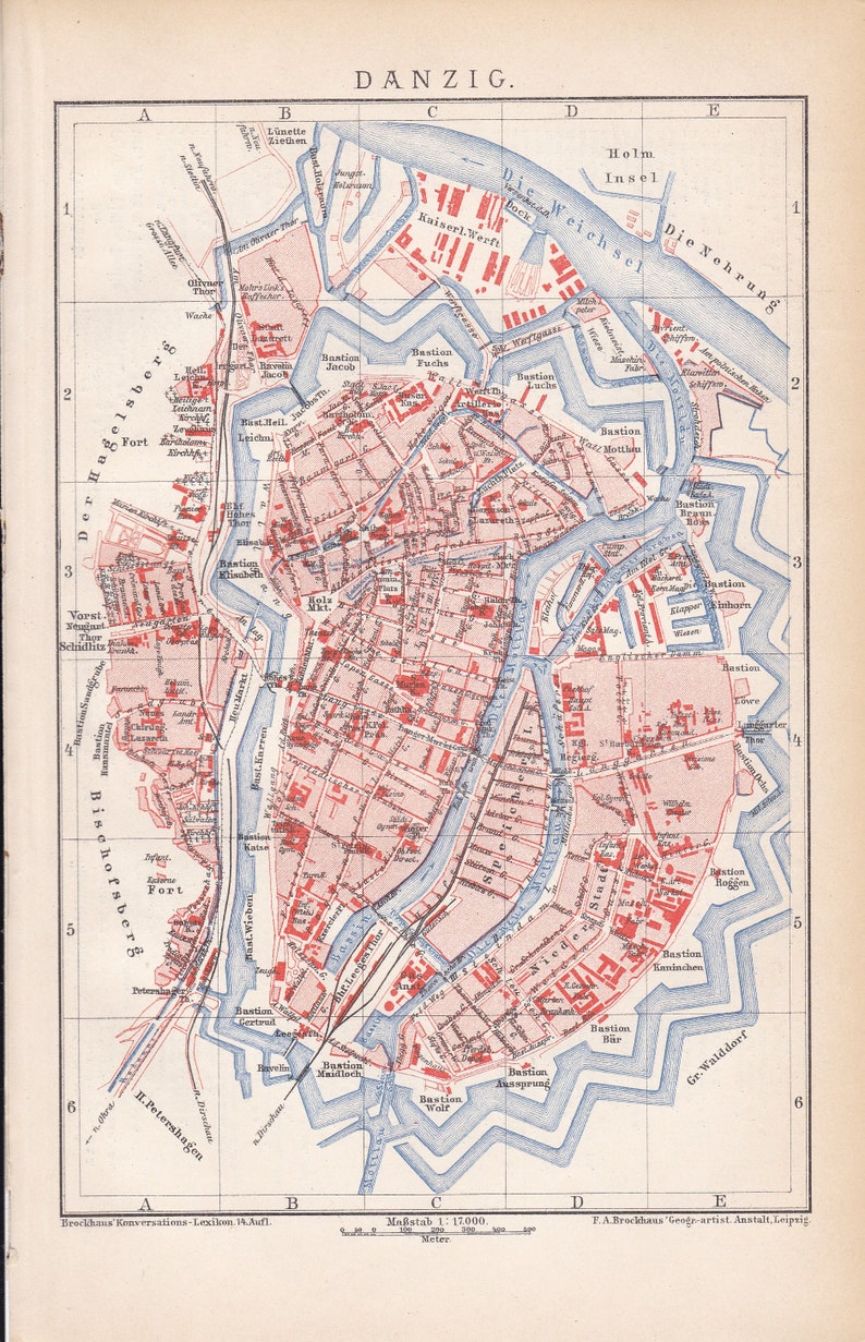 Antique 1892 Map of Danzig Gdańsk Poland Border German Chromolithograph ...