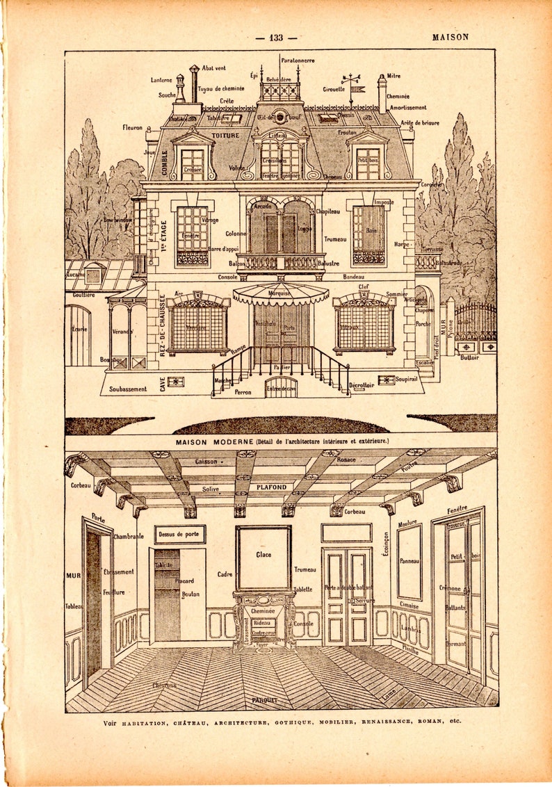 Original French Maison the Home House Lithograph From LAROUSSE Nouveau ...