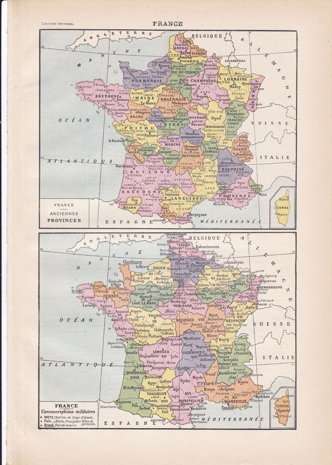 Vintage Map of France Regions and Military Centres Original 1922 French ...