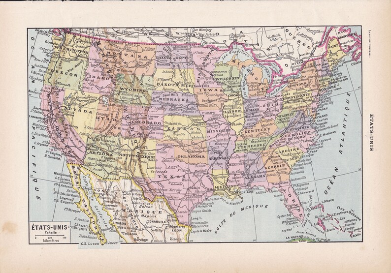 Vintage Map of USA Original 1922 French Lithograph From LAROUSSE ...