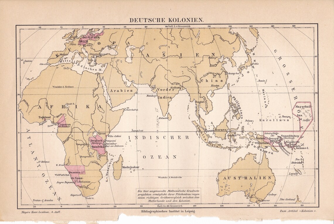 Antique 1887 Map of the World Gemran Colonies German Chromolithograph ...