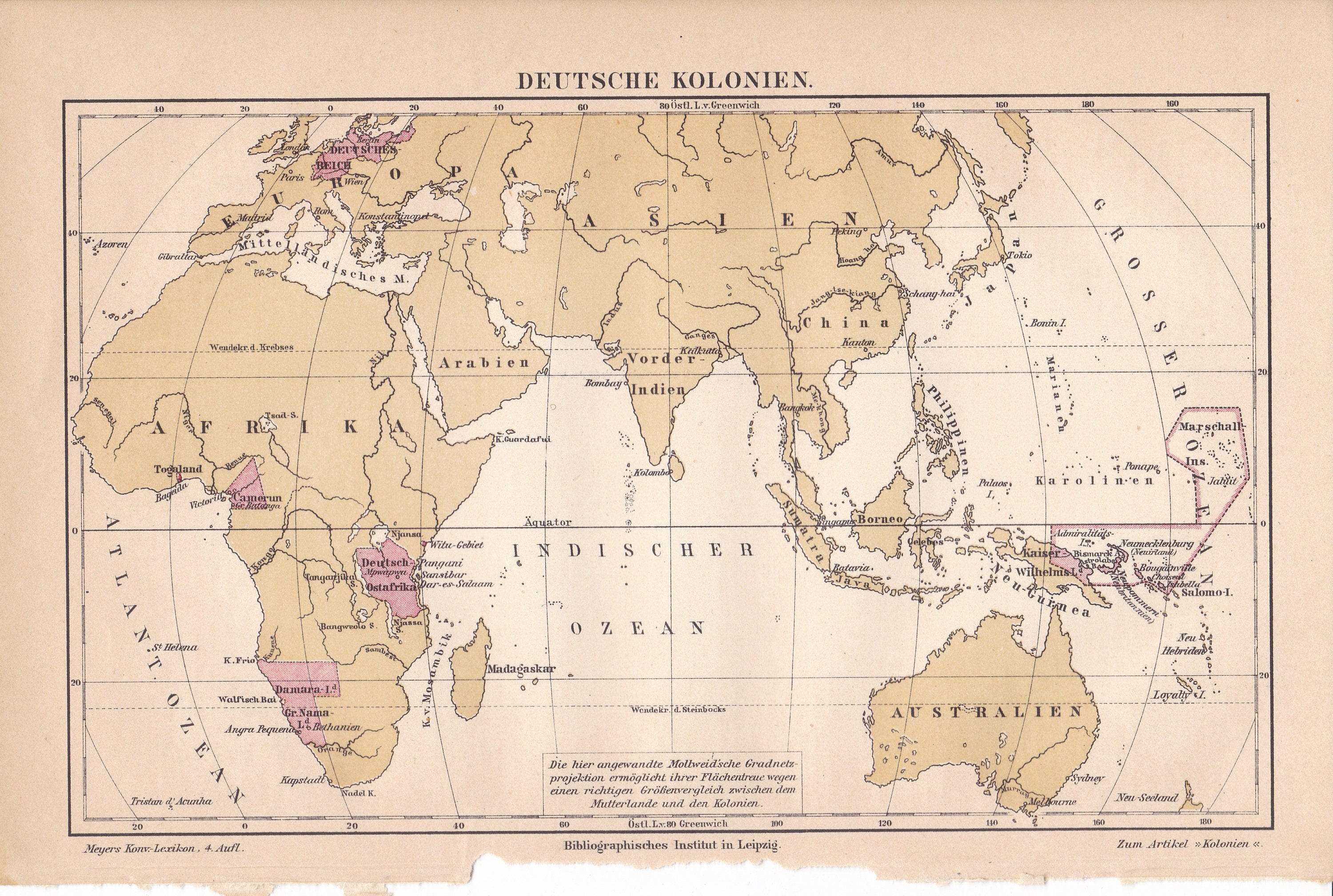 Antique 1887 Map of the World Gemran Colonies German Chromolithograph ...