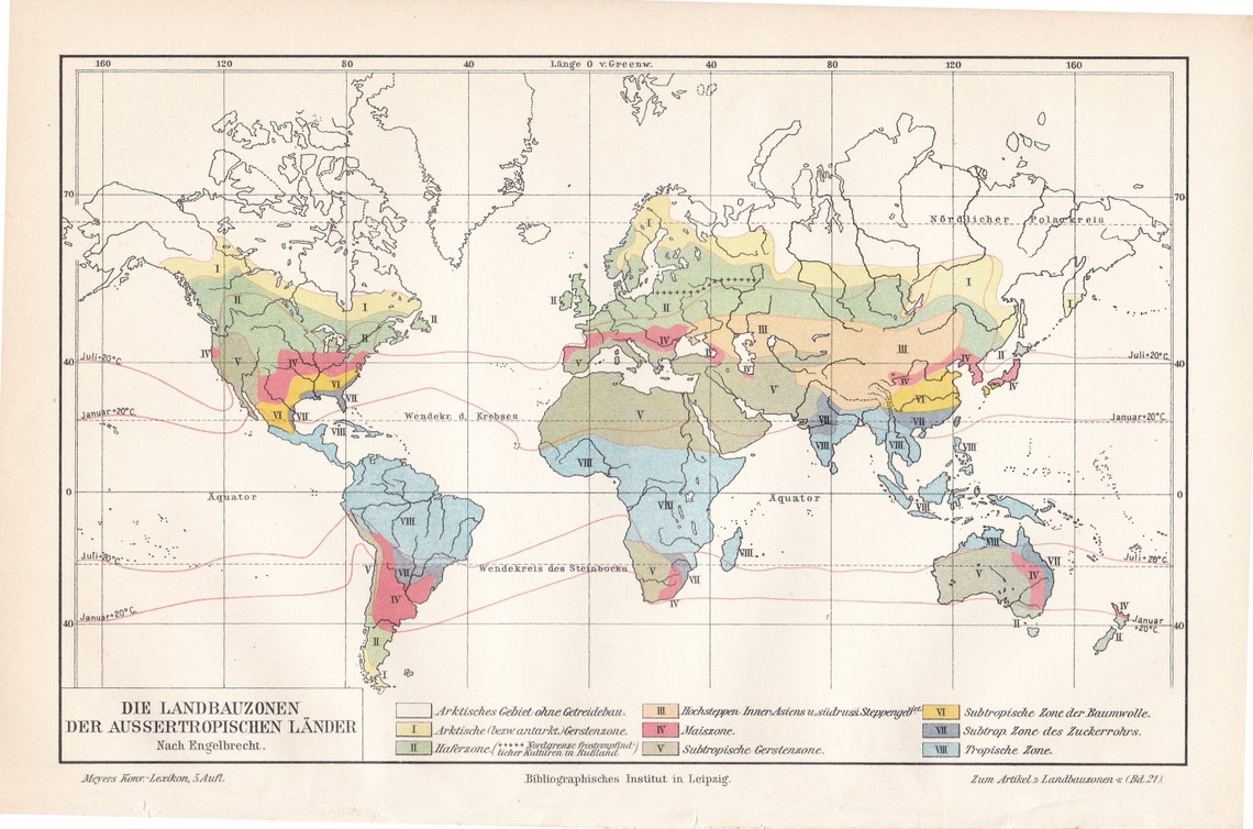 Antique 1901 World Map Climate Zones German Chromolithograph Lithograph ...