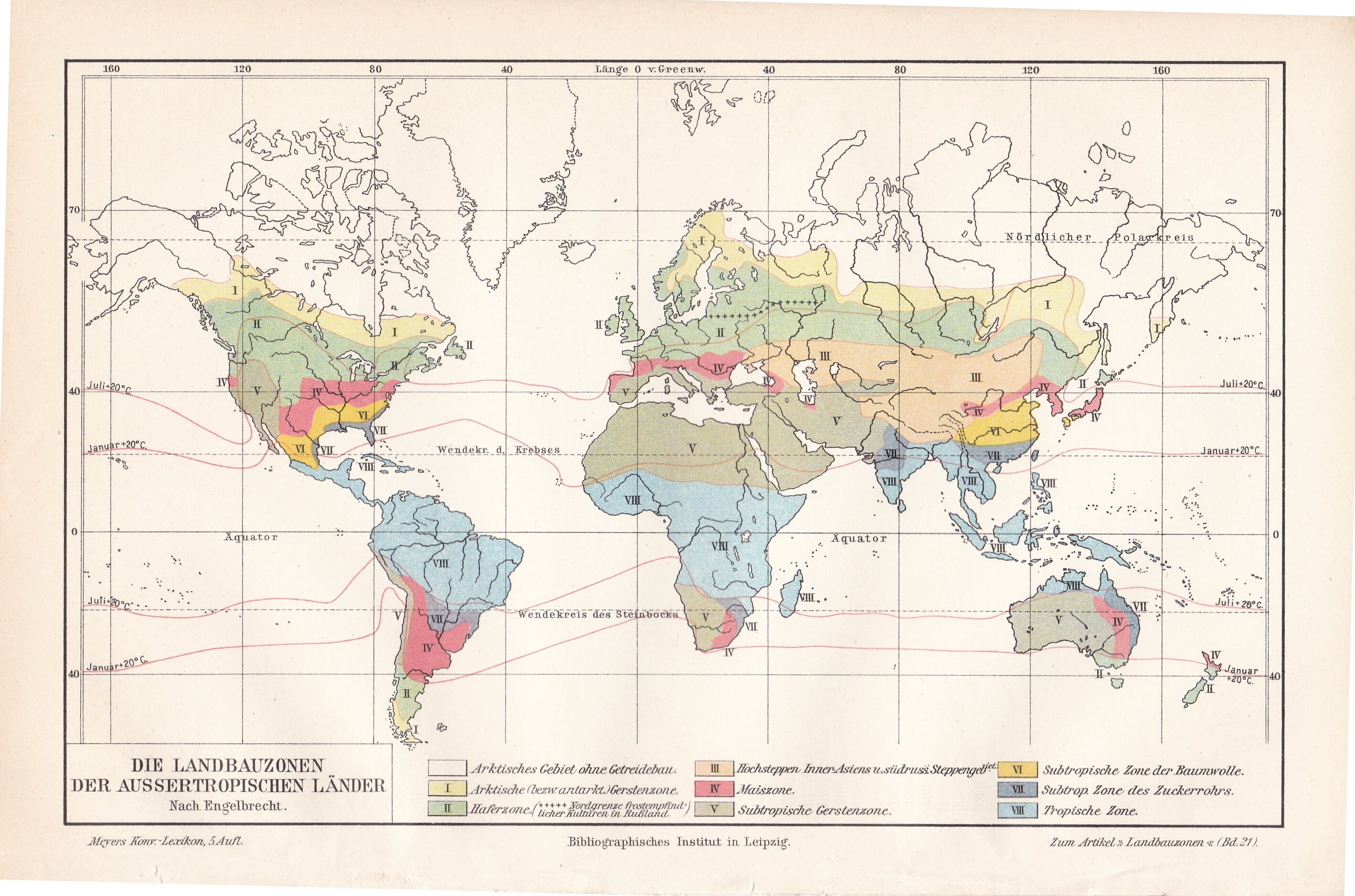 Antique 1901 World Map Climate Zones German Chromolithograph Lithograph ...