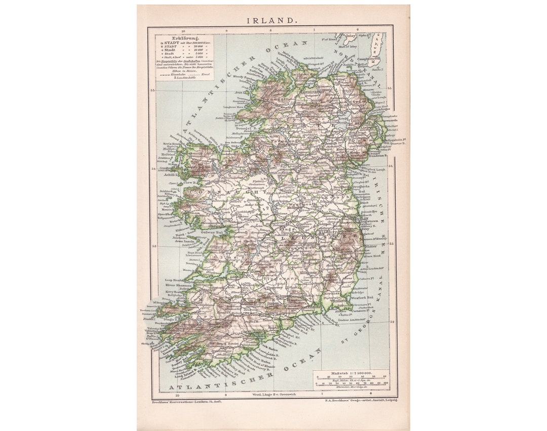 Antique 1892 Map of Ireland Emerald Isle Dublin the Craic German ...