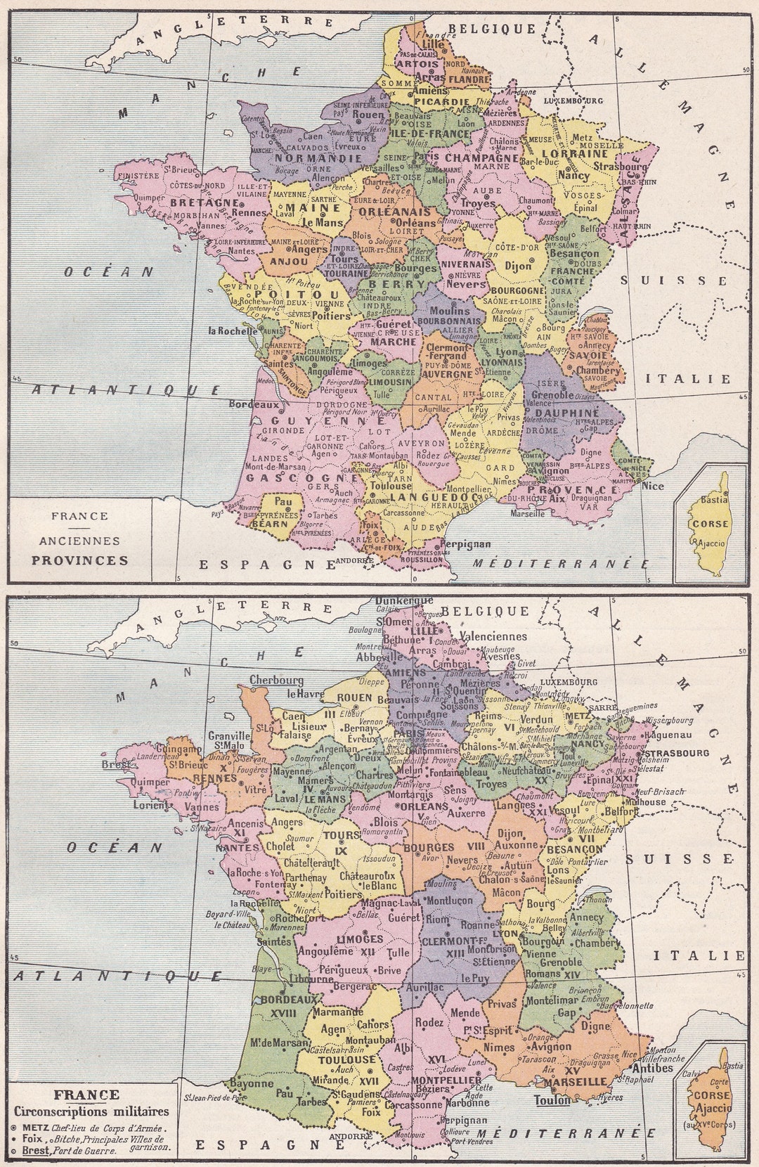 Vintage Map of France Regions and Military Centres Original 1922 French ...