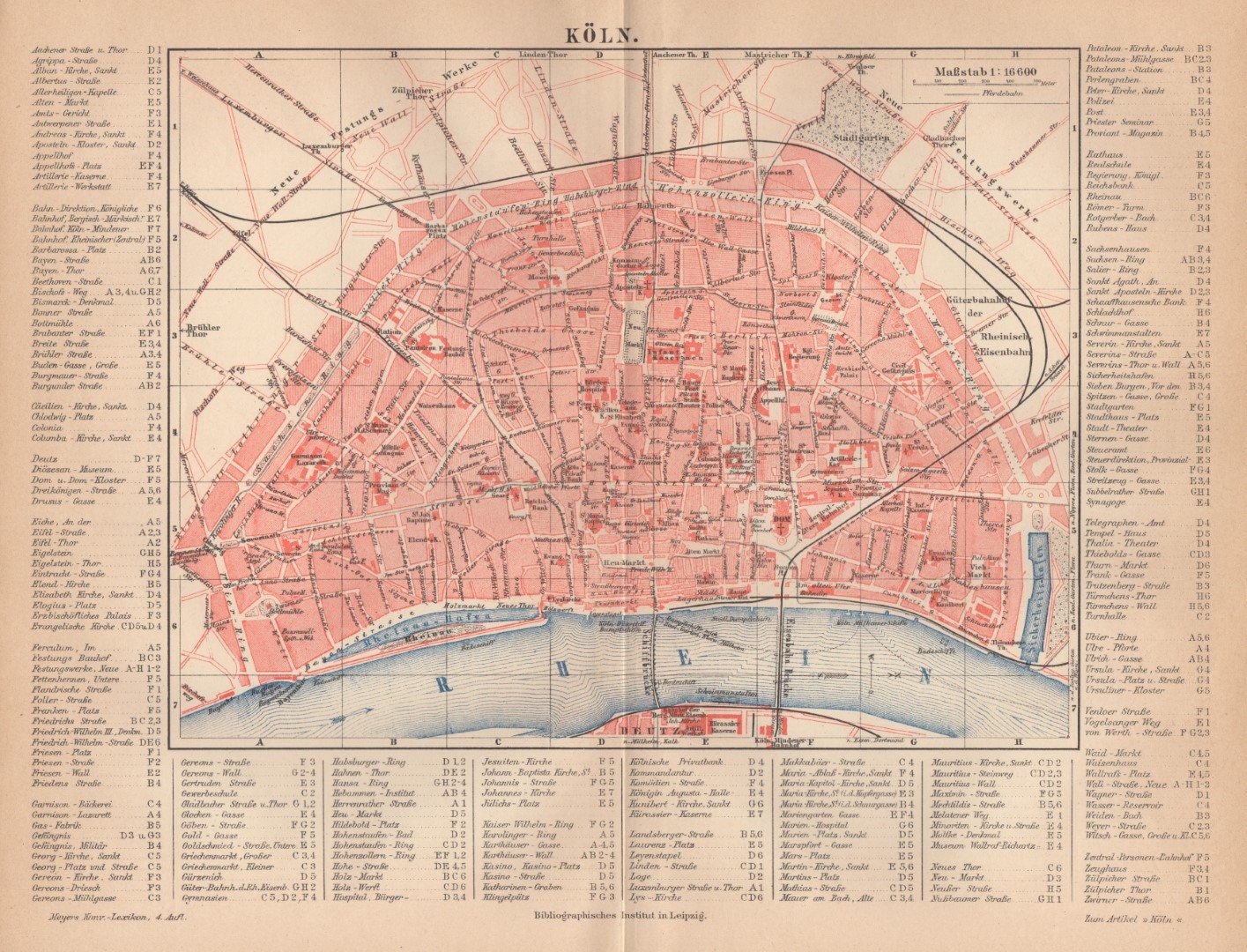 Antique 1900s Map of Koln City Germany Cologne German Chromolithograph ...