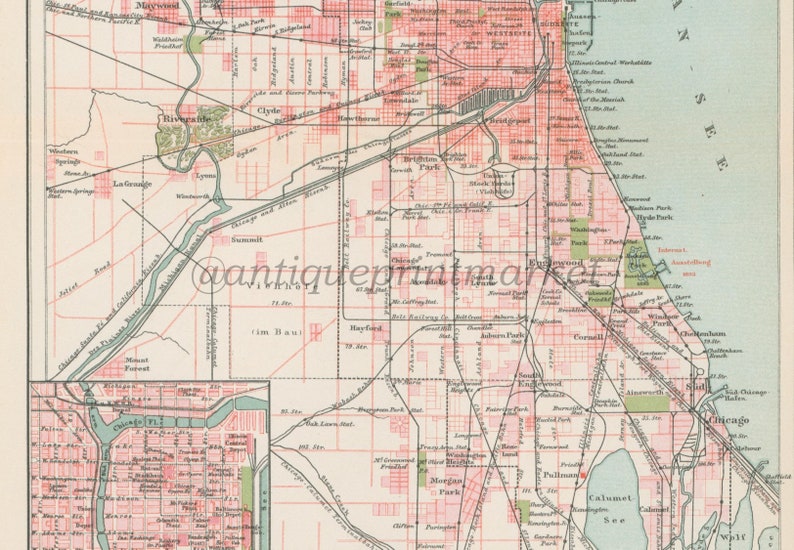Antique 1892 Map of Chicago USA German Chromolithograph Lithograph ...