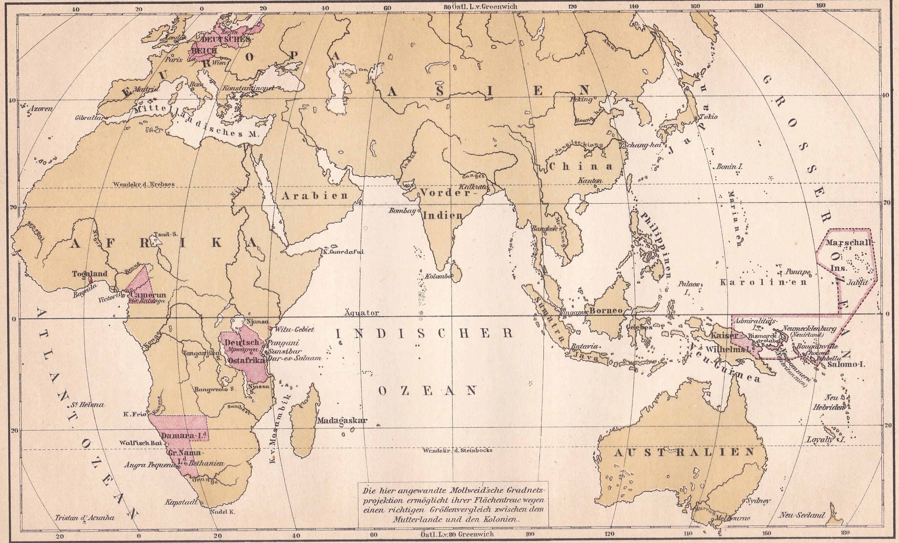 Antique 1887 Map of the World Gemran Colonies German Chromolithograph ...