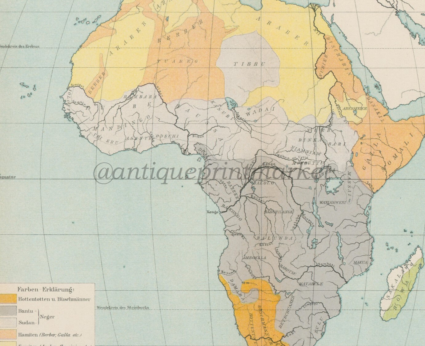 Antique 1892 Map of Africa German Lithograph Print Educational ...