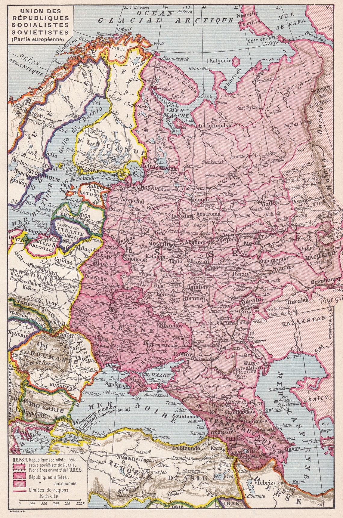 Vintage Map of Russia Original 1939 French Lithograph From LAROUSSE ...