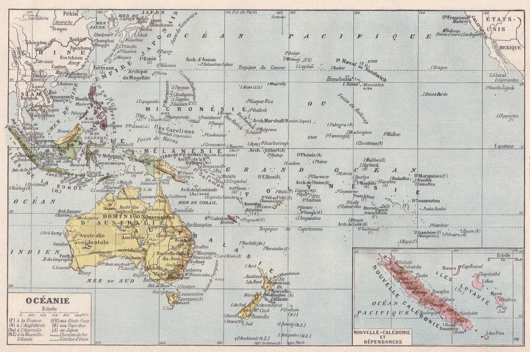 Vintage Map of Oceania Original 1939 French Lithograph From LAROUSSE ...