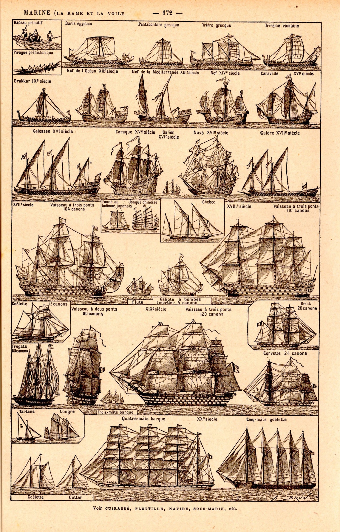 Original French Marine Ships Ocean Sea Navy Lithograph From LAROUSSE ...