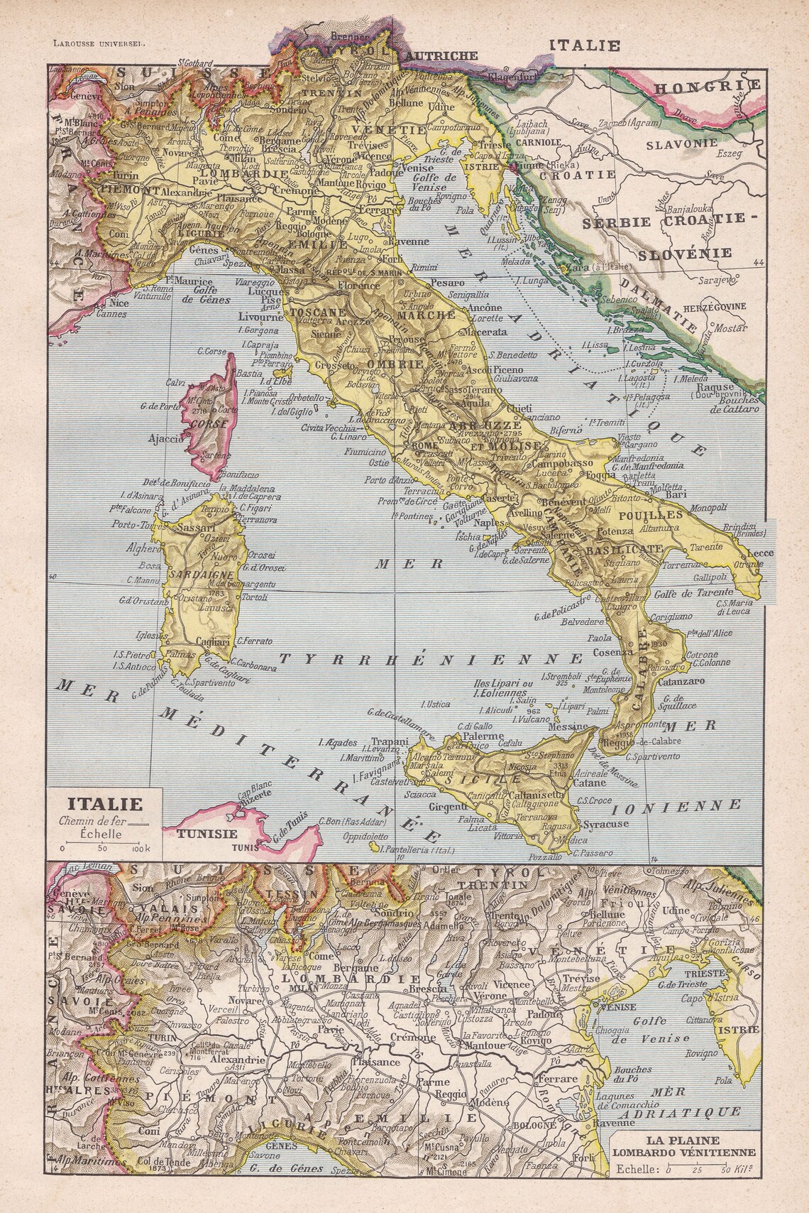Vintage Map of Italy Original 1939 French Lithograph From LAROUSSE ...