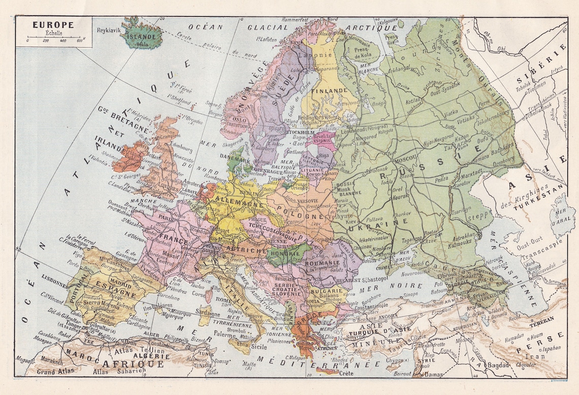 Vintage Map of Europe Original 1922 French Lithograph From LAROUSSE ...