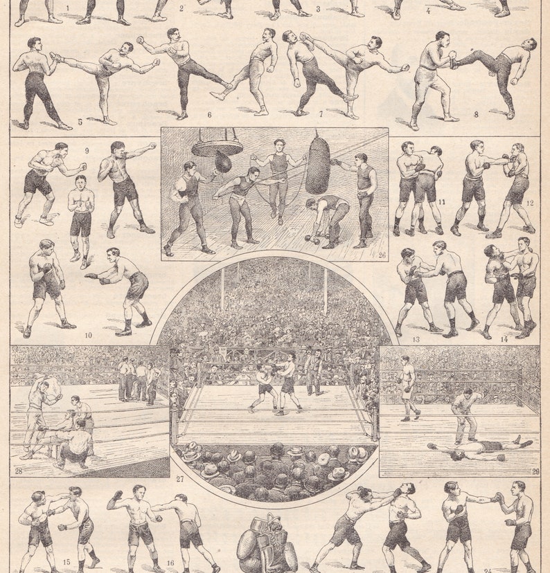 Vintage Original French Boxing Sports Lithograph Larousse Illustré ...