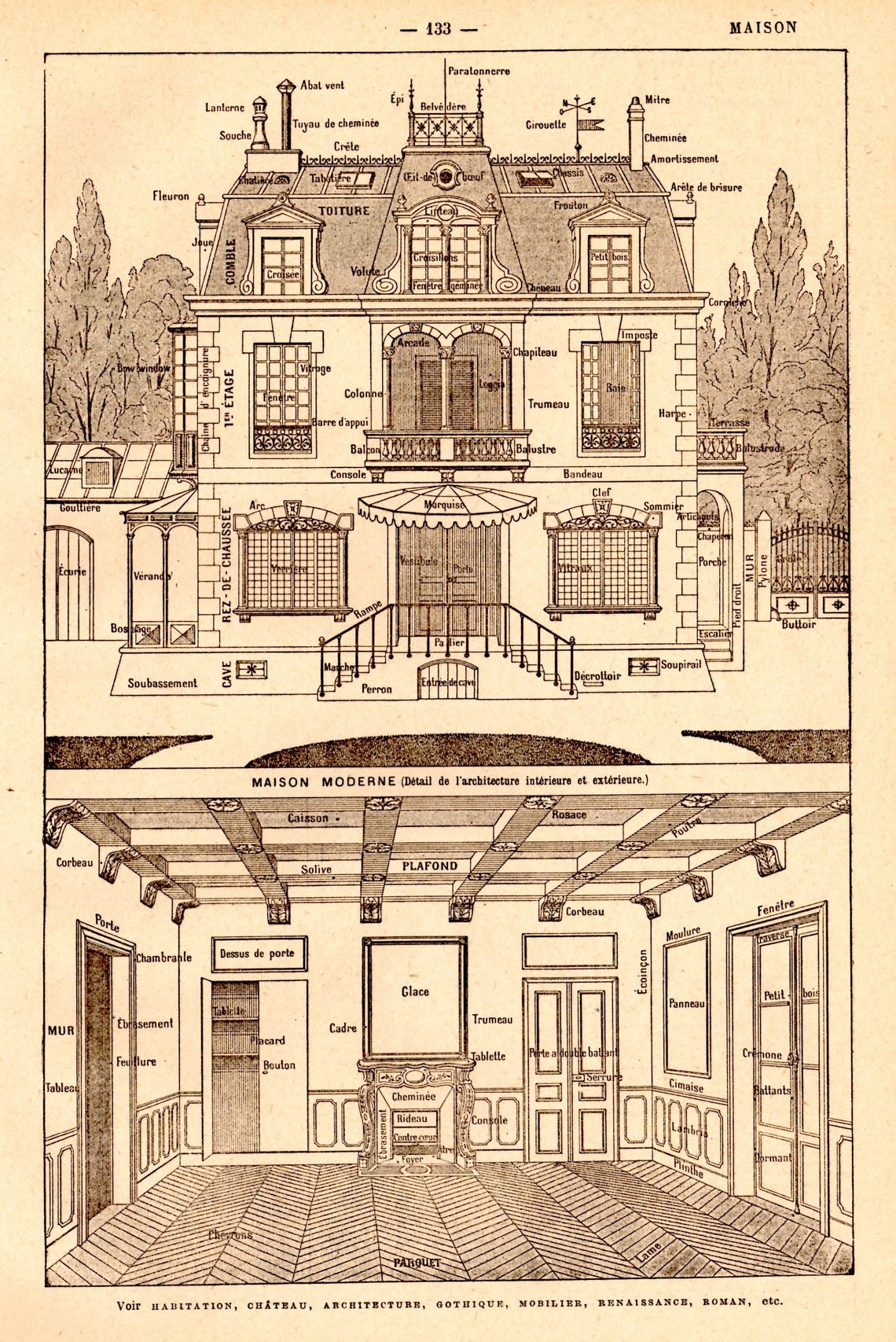 Original French Maison the Home House Lithograph From LAROUSSE Nouveau ...