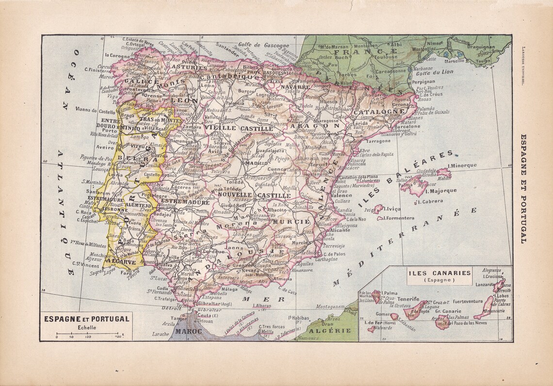 Original French Spain Portugal Map Lithograph From LAROUSSE Nouveau ...
