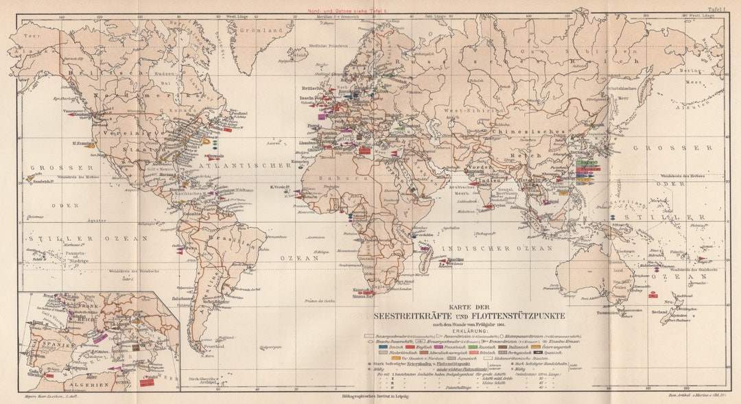Antique 1900s Map of World Ports Shipping German Chromolithograph ...