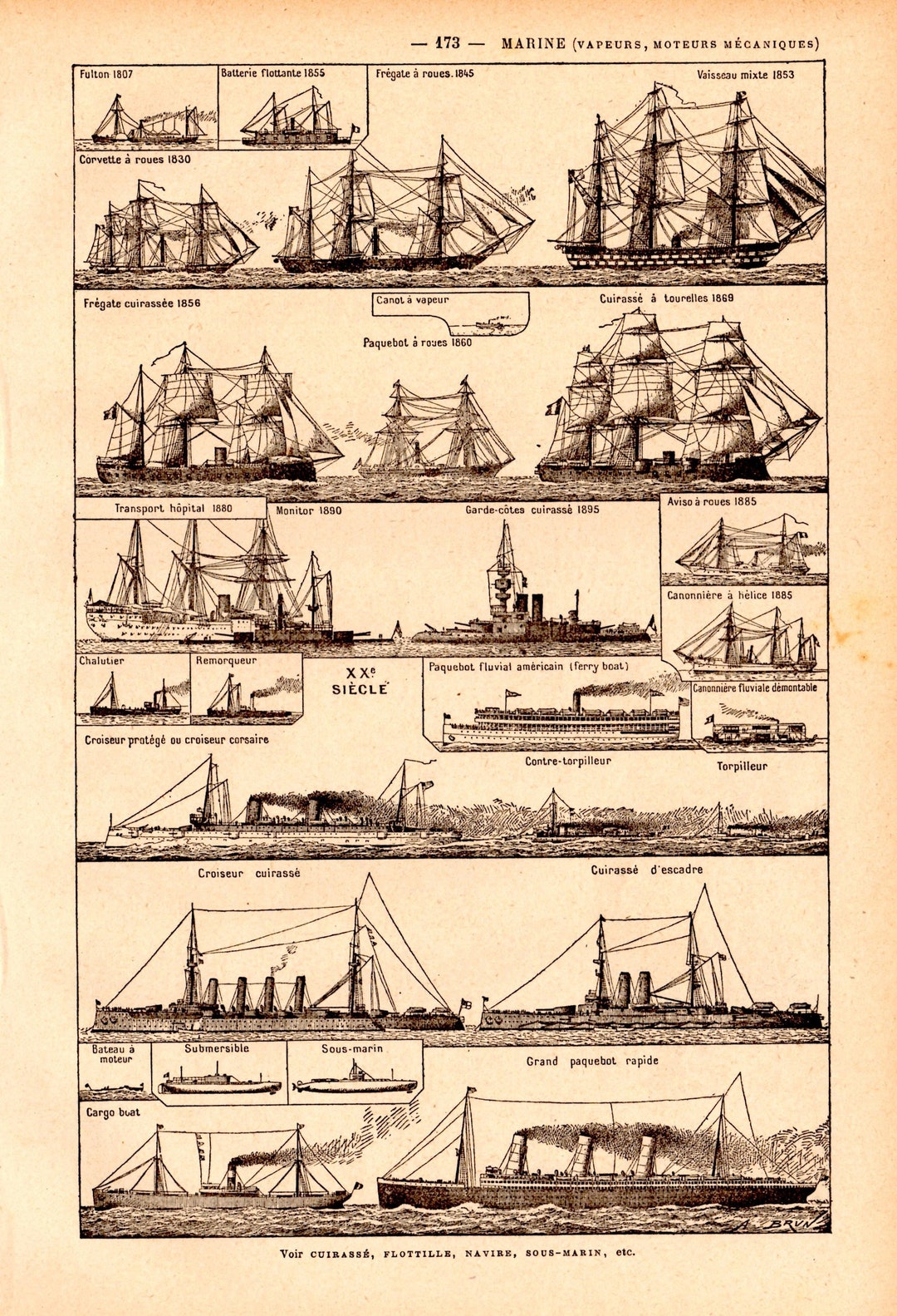 Original French Ships Boats Lithograph From LAROUSSE Nouveau Larousse ...