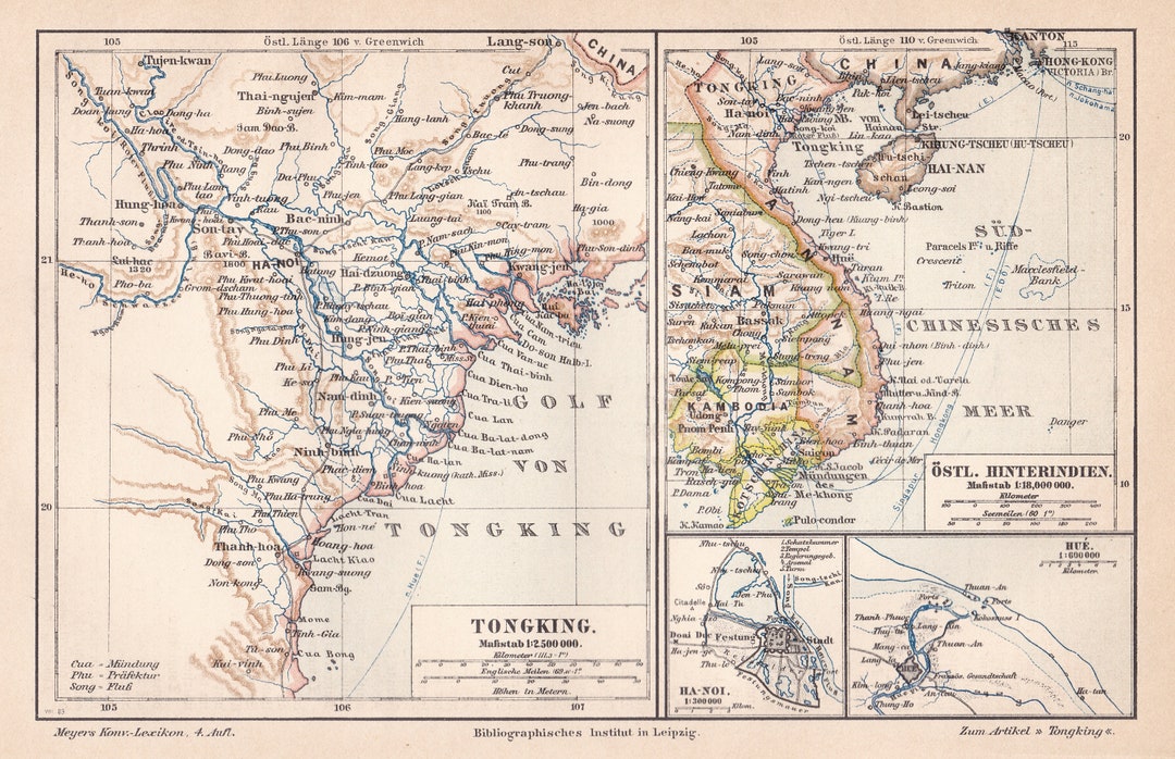 Antique 1887 Tonkin Tonking Region Vietnam China Map German ...