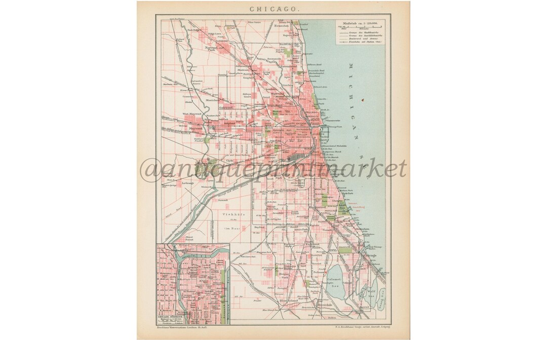 Antique 1892 Map of Chicago USA German Chromolithograph Lithograph ...