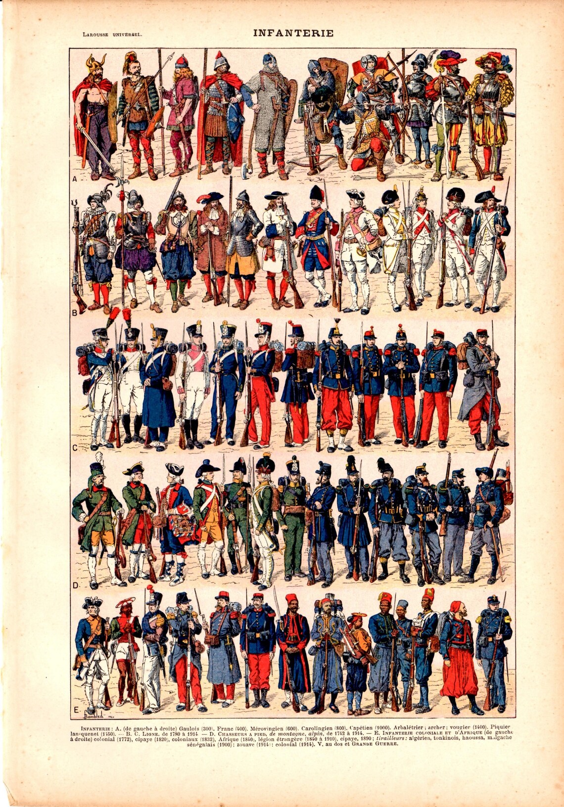 Original French Infantry Army Lithograph From LAROUSSE Nouveau Larousse ...