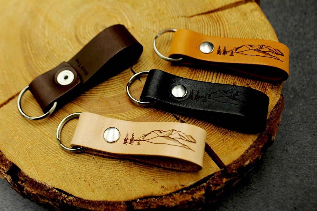 Leather Key Fob Mountains, Hiking Lover Gift, Mountain Keychain - Etsy
