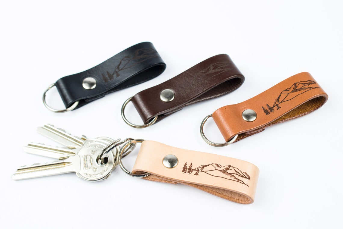 Leather Key Fob - Mountains, Hiking Lover Gift, Mountain Keychain - Etsy
