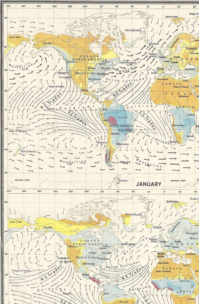 Rainfall and Wind 1940s Travel World Map for Home Decor Vintage Prints ...